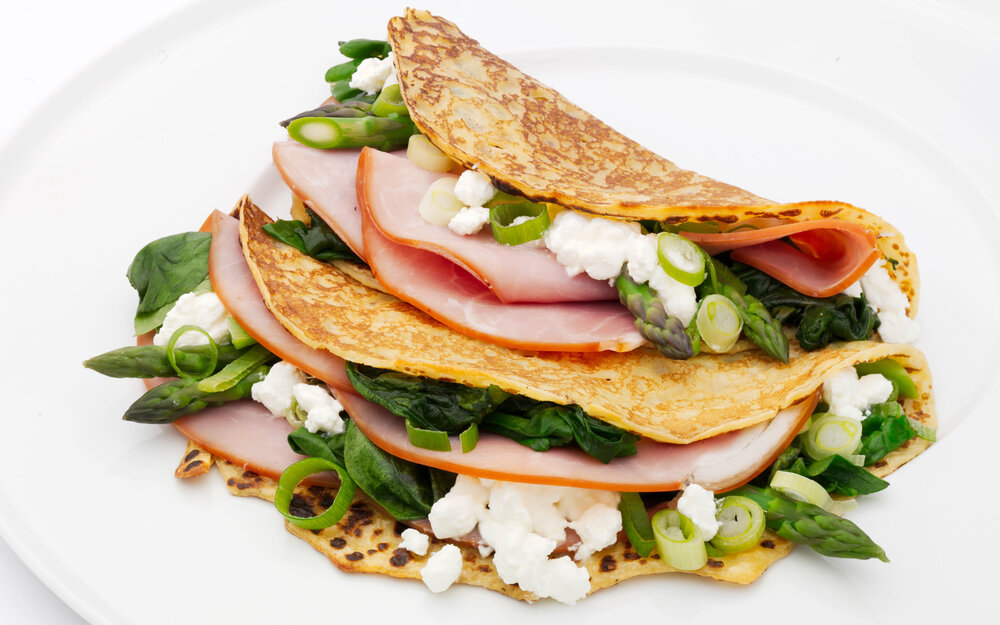 Pannekaker med skinke, asparges, cottage cheese og… | Nortura PROFF